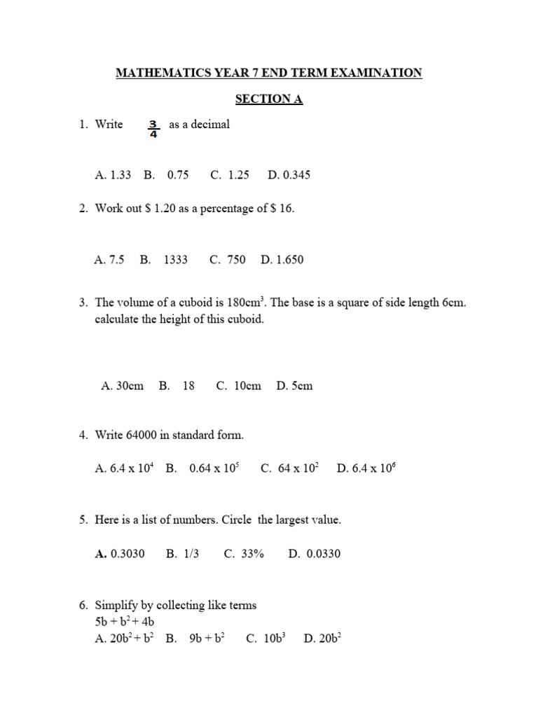 Year 7 & 8 Mathematics Exam Papers | PDF | Rectangle | Geometric Shapes