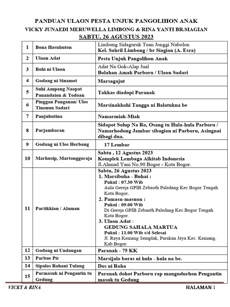 Panduan Pesta Martonggo Raja - Tinus Dan Dona | PDF