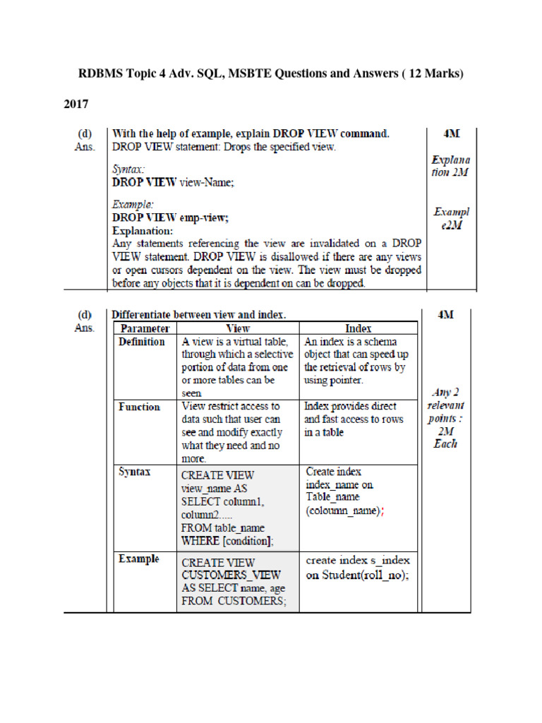 Topic 4 Msbte Questions and Ayfpf6ootdyofyylhnswers1 | PDF | Database Index | Table (Database)