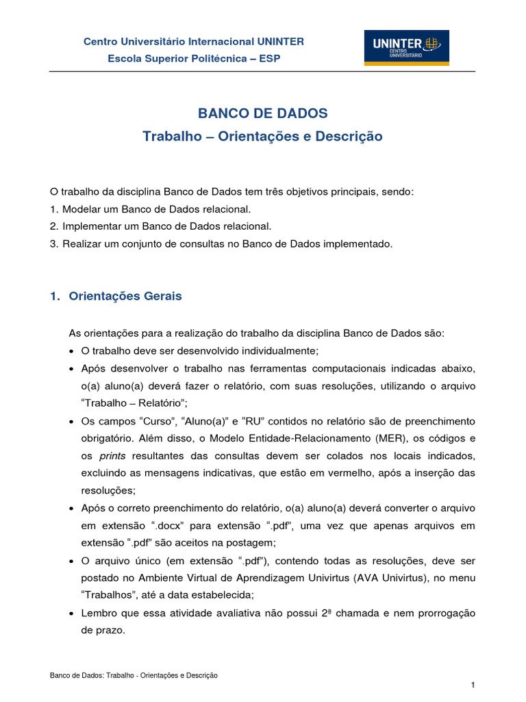 Trabalho - Orientacoes e Descricao | PDF