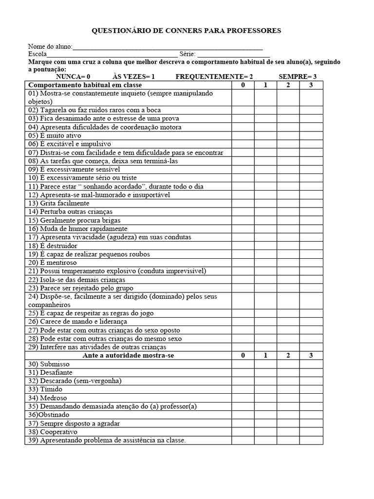 Questionário de Conners para Professores | PDF
