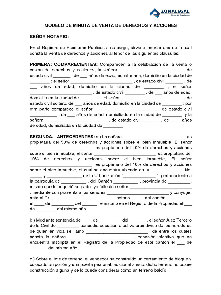 MODELO DE MINUTA DE VENTA DE DERECHOS Y ACCIONES | PDF