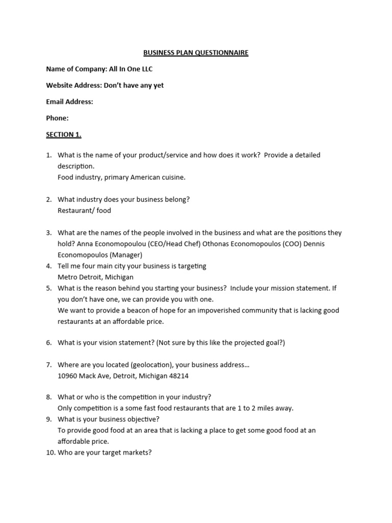 Business Plan Questionnaire | PDF | Expense | Insurance