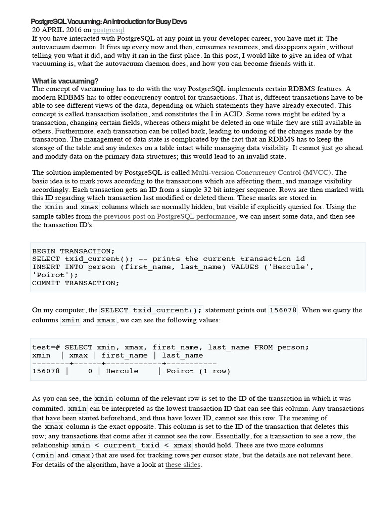 PostgreSQL - Vacuuming - An Introduction For Busy Devs | PDF PostgreSQL - Vacuuming - An Introduction For Busy Devs | PDF