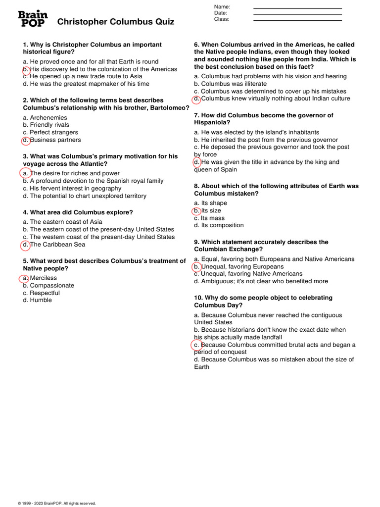 BrainPOP Christopher Columbus Quiz | PDF | Christopher Columbus ...