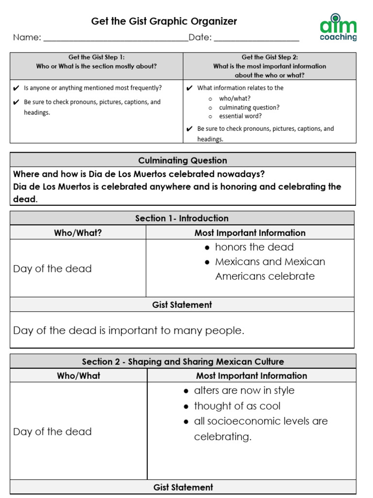 Get The Gist Graphic Organizer - Dia de Los Muertos | PDF | Cultural ...