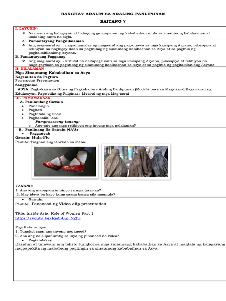 Mga Kababaihan Sa Asya - Banghay Aralin 7 | PDF