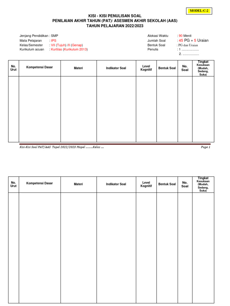 FORMAT KISI-KISI PAT-AAS (Form Model C-2) | PDF