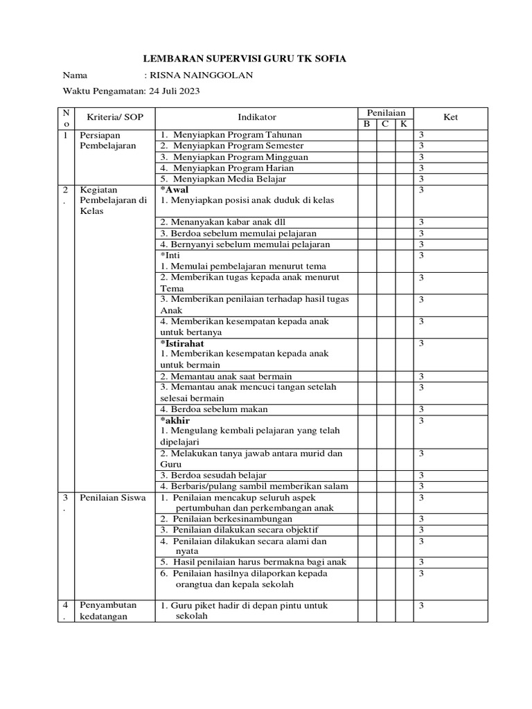 PENILAIAN GURU TK SOFIA Fix | PDF