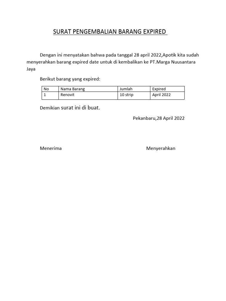 Surat Pengembalian Barang Expired | PDF