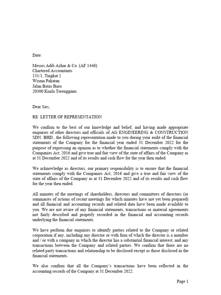Representation Letter | PDF | Depreciation | Fixed Asset