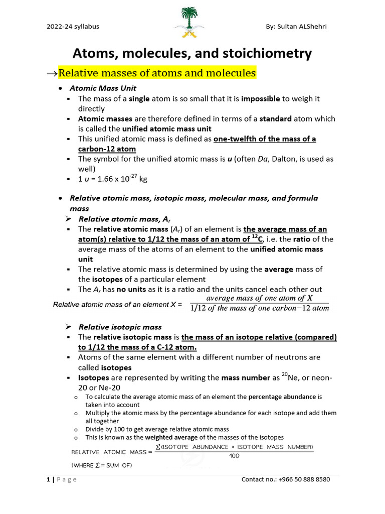 Atoms, Molecules and Stoichiometry | PDF | Mole (Unit) | Stoichiometry