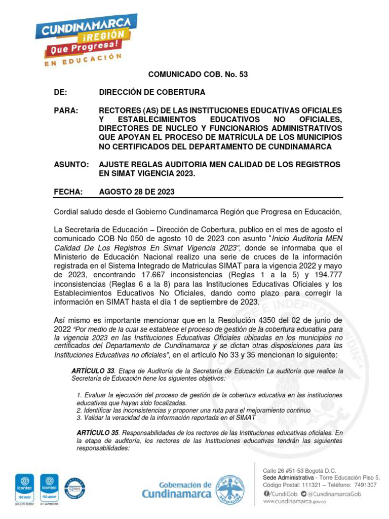 Comunicado 053 Ajuste Reglas Auditoria Men Calidad de Los Registros en Simat Vigencia 2023 ...