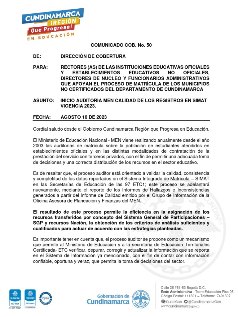Comunicado 50 Inicio Auditoria Calidad de Los Registros Simat Vigencia 2023 | PDF | Auditoría