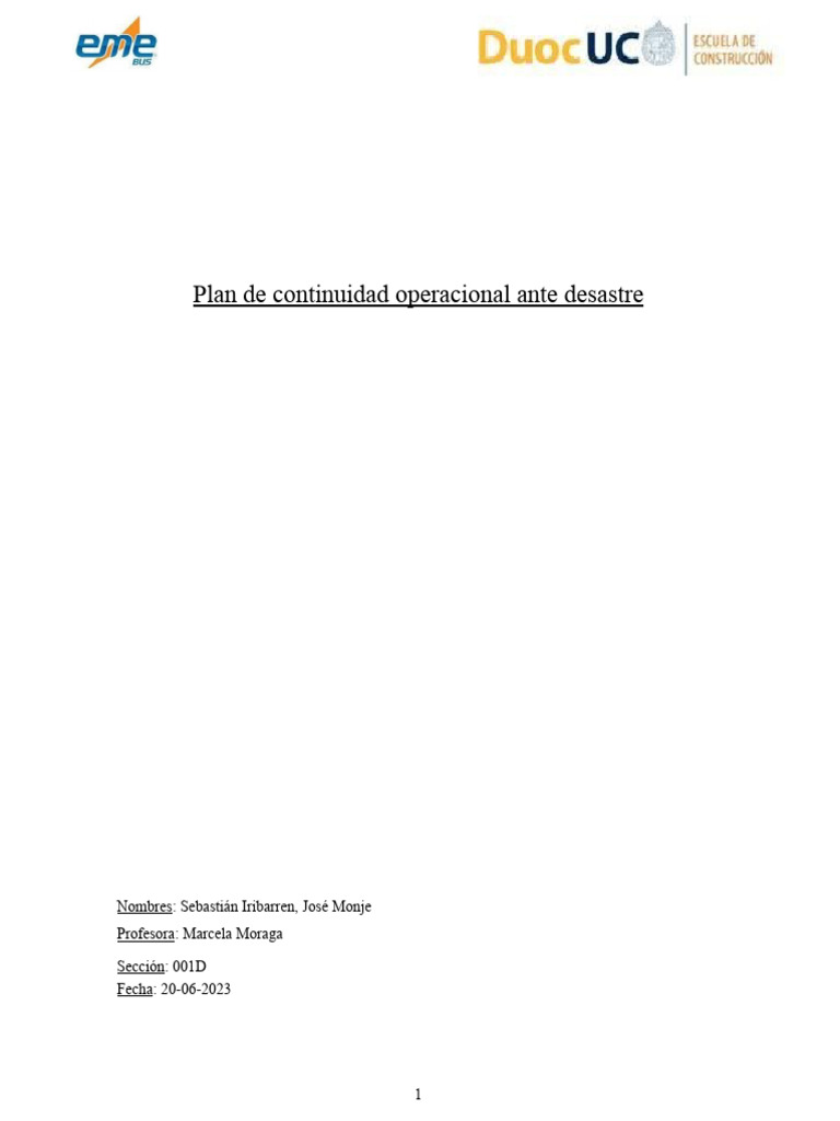 Plan de Continuidad Operacional Ante Desastres (2023) | PDF | Riesgo ...