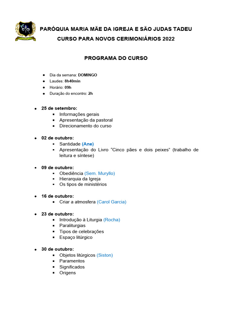 Curso de Cerimoniários 2022: Programa Completo | PDF | Estudos de Línguas Estrangeiras ...