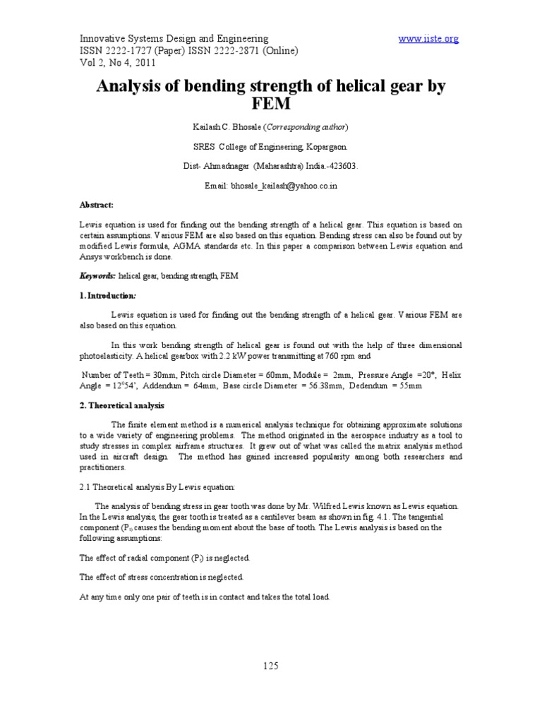 Analysis of Bending Strength of Helical Gear by FEM | PDF | Gear ...