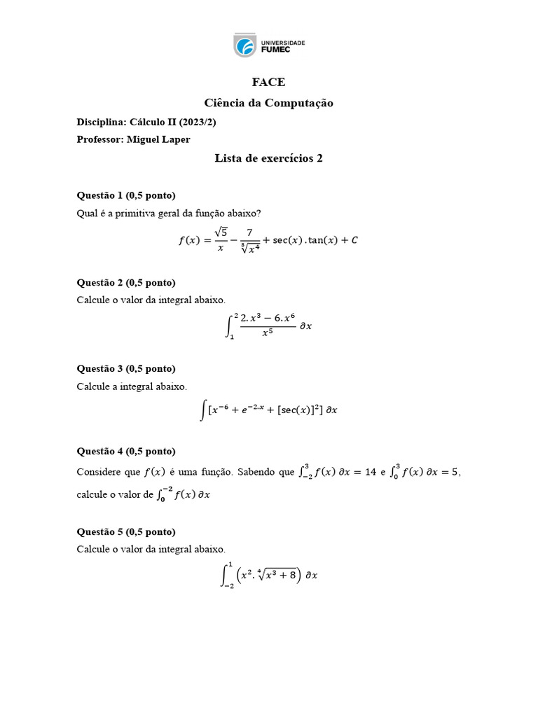Exercícios de Cálculo II para 2023/2 | PDF
