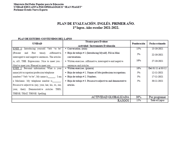 Plan de Evaluación INGLÉS 1er Año. 1er LAPSO. 2021-2022 | PDF | Language Arts & Discipline