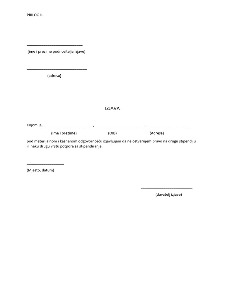 Izjava Studenta Ovjerena Kod Javnog Biljeznika Ogledni Primjer Prilog II | PDF