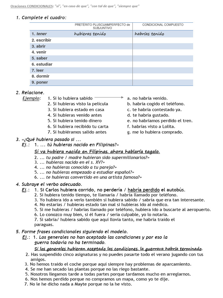 10 Práctica de Las Oraciones Condicionales (Ejercicios) | PDF