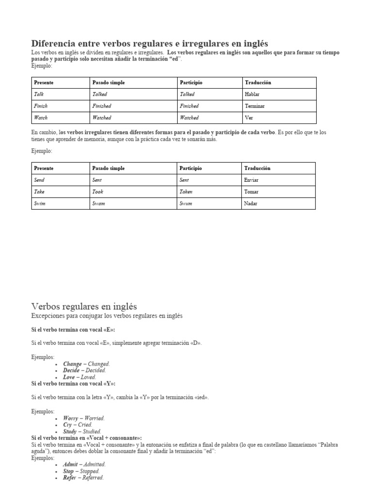 Diferencias entre verbos regulares e irregulares | PDF | Verbo ...