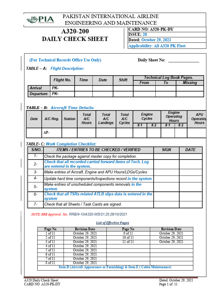 A320 Daily Check Sheet (N) Issue 20 Dated Oct 29,2021 With NOV 2021 ...