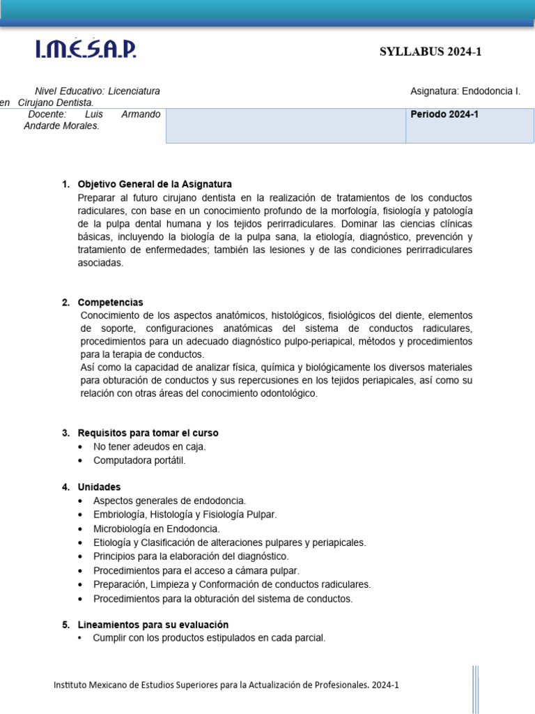 Syllabus Endodoncia I 2024-1 IMESAP | PDF | Odontología