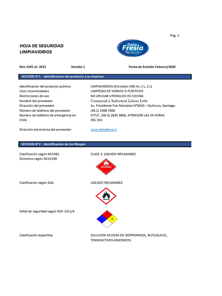 Hoja de Seguridad Limpia Vidrios | PDF | Agua | Solvente