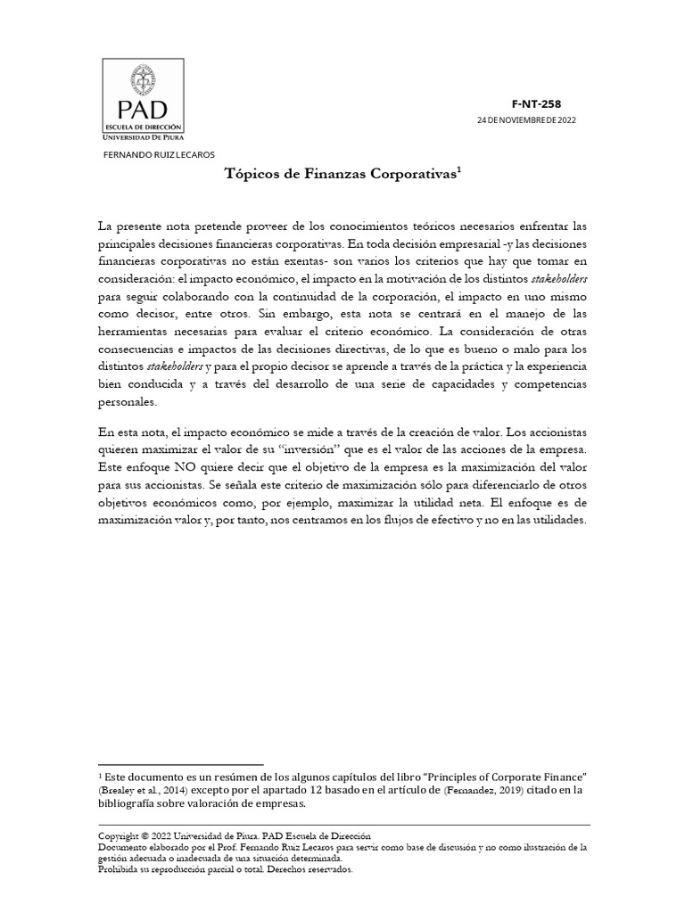 F-NT-258 Tópicos de Finanzas Corporativas | PDF | Compartir (Finanzas) | Flujo de caja descontado