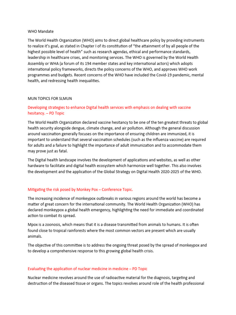 MUN Topics For SLMUN | PDF | World Health Organization | Biological Warfare