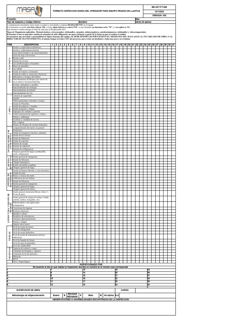 Formatos de Inspeccion Diaria | PDF | Vehículos | Bienes manufacturados Formatos de Inspeccion Diaria | PDF | Vehículos | Bienes manufacturados