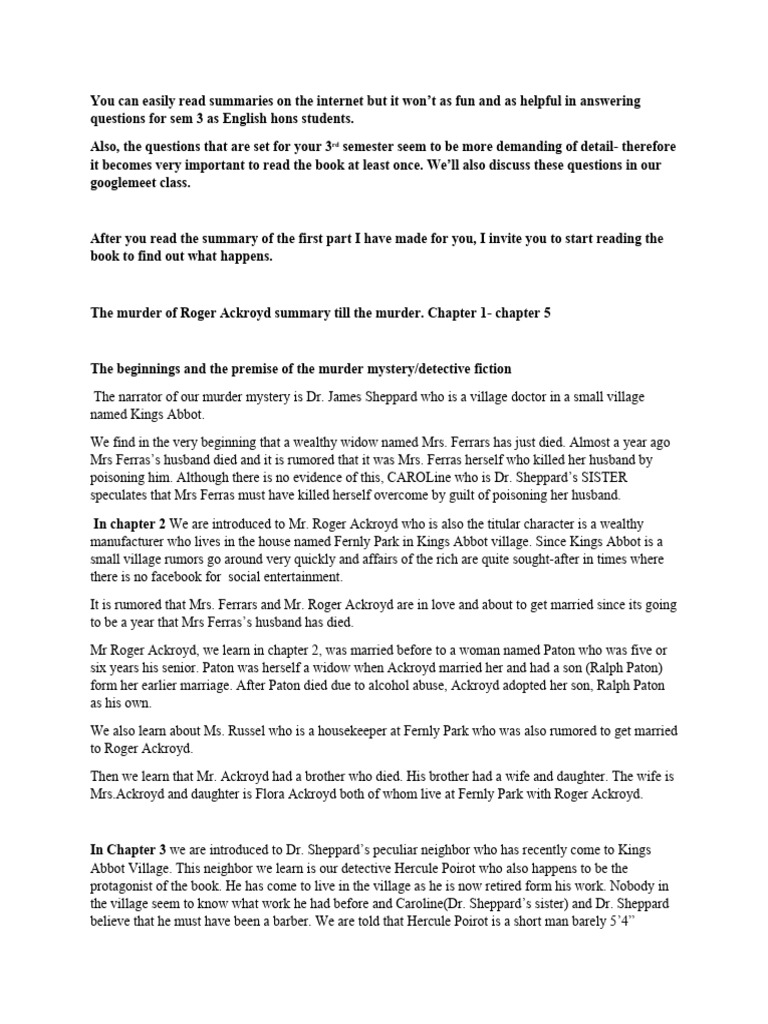 Summary of Chapters 1-5: Ackroyd Murder | PDF