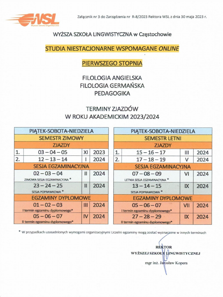 Organizacja Roku Akademickiego 2023 - 2024 I Terminy Zjazdów 2023 - 2024 2 | PDF