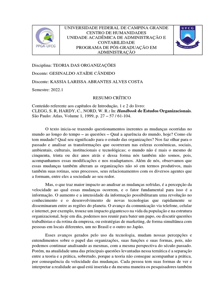 Resumo Crítico 1 - Kassia | PDF