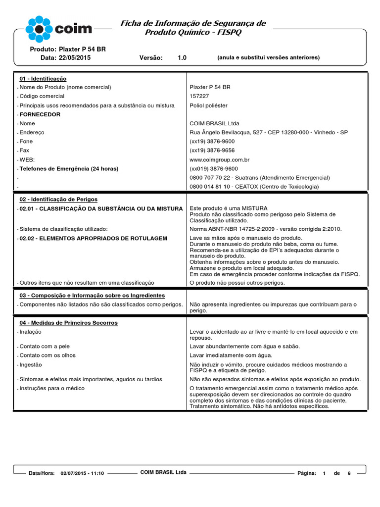 251.0157 Fispq Plaxter - P - 54 - BR MSDS | PDF