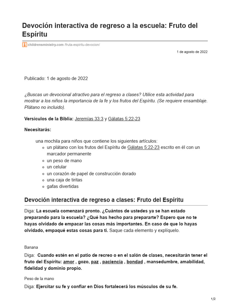 Interactive Back-to-School Devotion Fruit of The Spirit | PDF