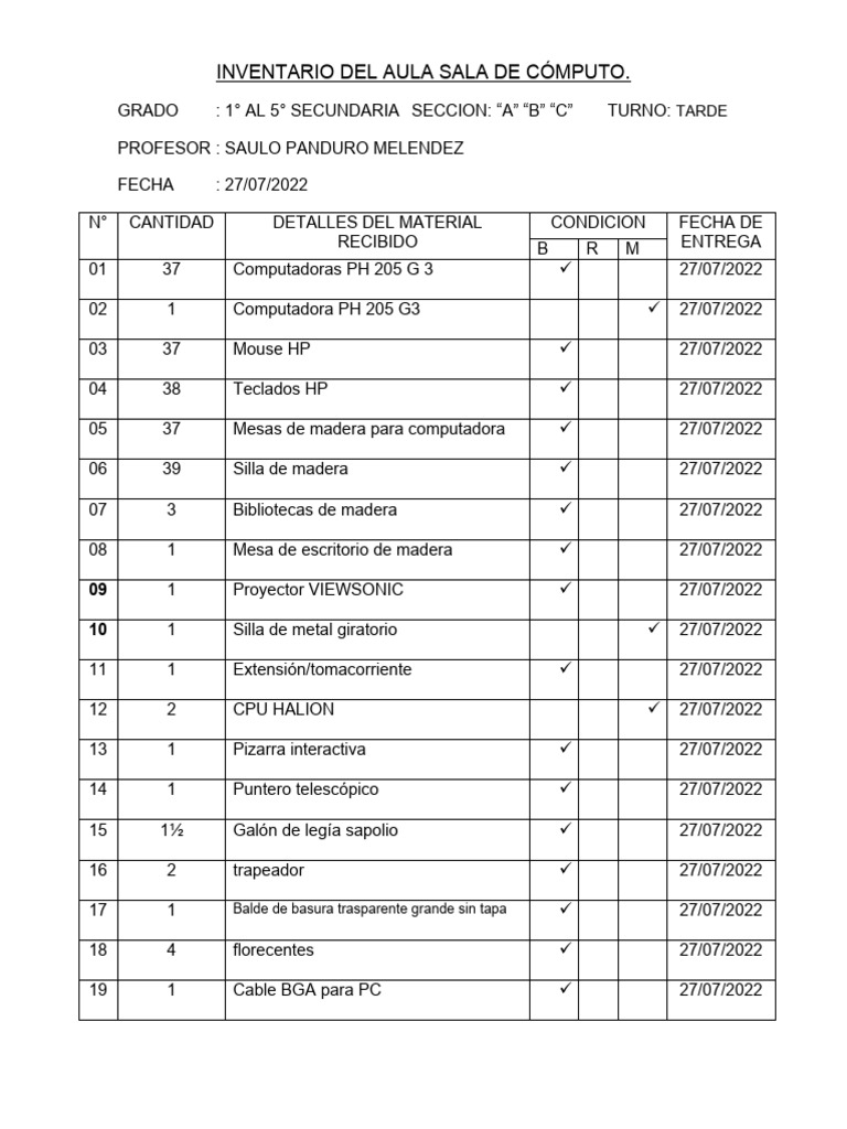 Inventario Del Aula Sala de Cómputo | PDF