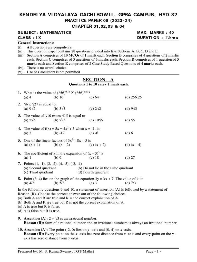 Maths Class Ix Chapter 01 02 03 and 04 Practice Paper 08 | PDF Maths Class Ix Chapter 01 02 03 and 04 Practice Paper 08 | PDF