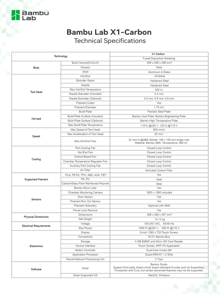 Bambulab X1 Carbon Tech Specs | PDF