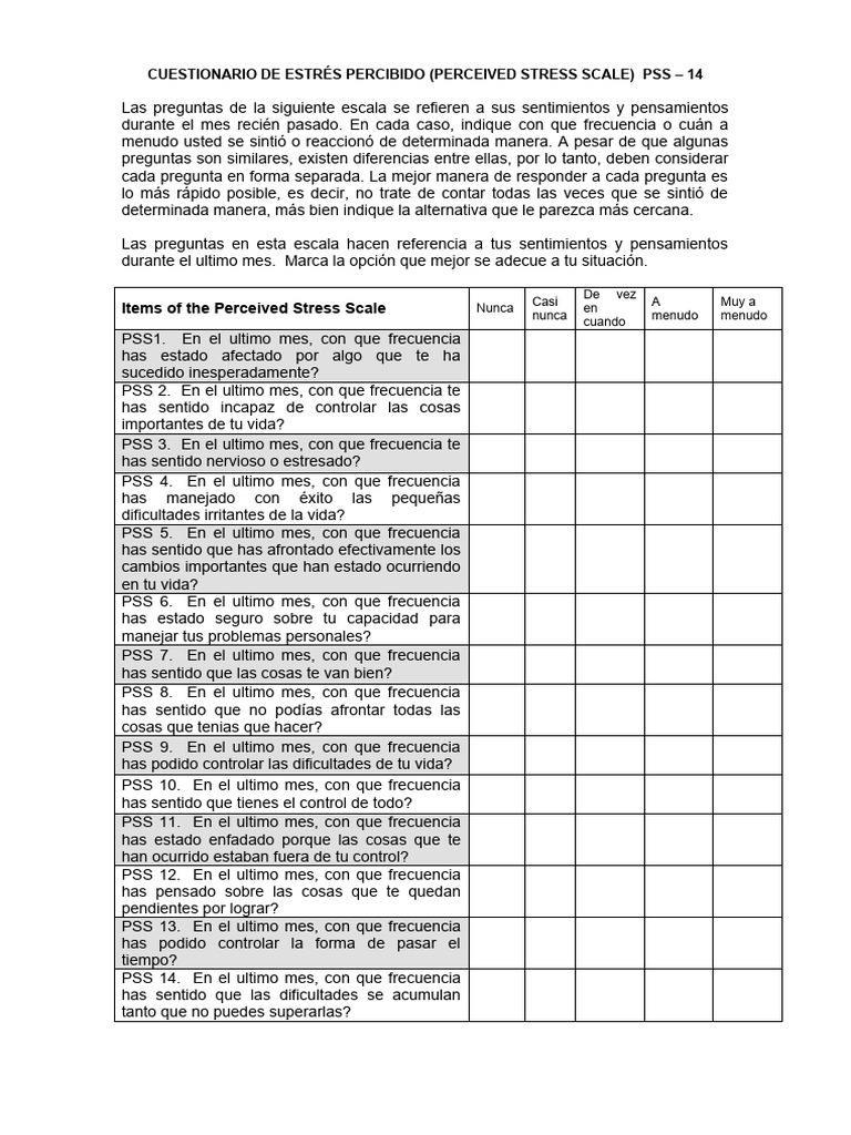 TEST DE ESTRES PERCIBIDO completo | PDF | Estrés (biología) | Sicología