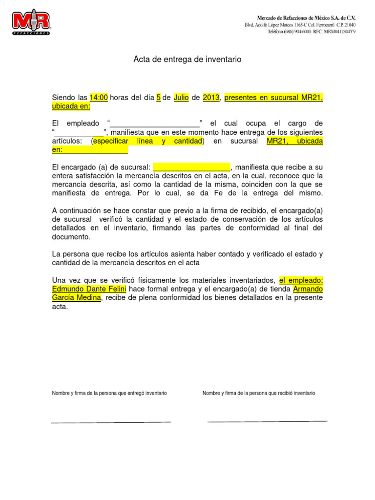 Acta de Entrega de Inventario | PDF