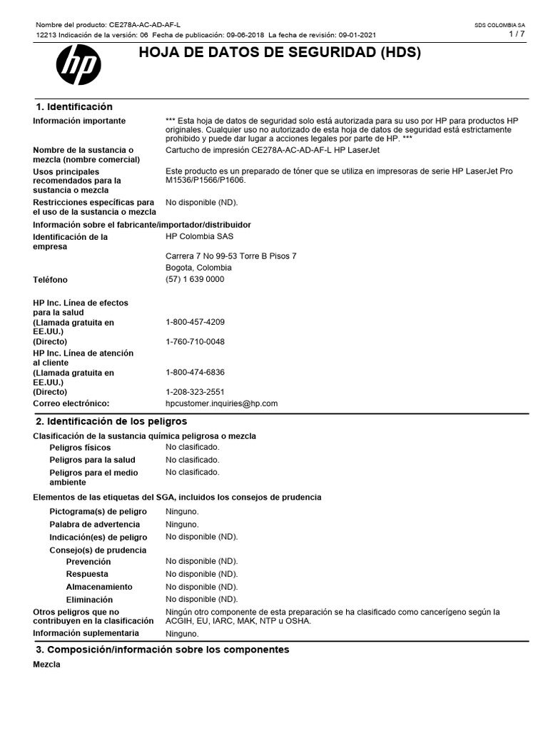 Hoja de Seguridad Toner HP CF278A | PDF | Compuesto orgánico volátil ...