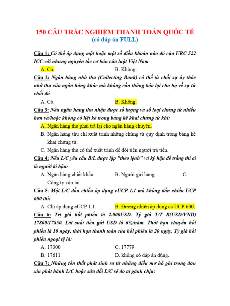 (123doc) - 150-Cau-Trac-Nghiem-Thanh-Toan-Quoc-Te-Co-Dap-An-Full | PDF