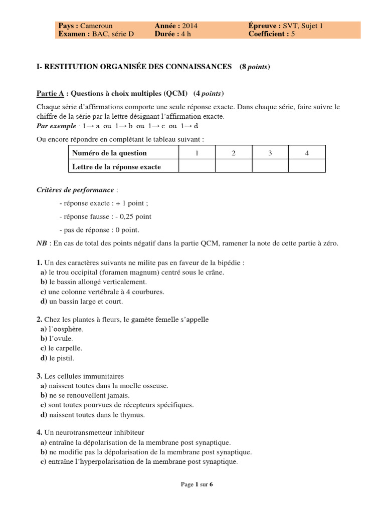 Cameroun 2014 Bac Serie D SVT Sujet1 | PDF