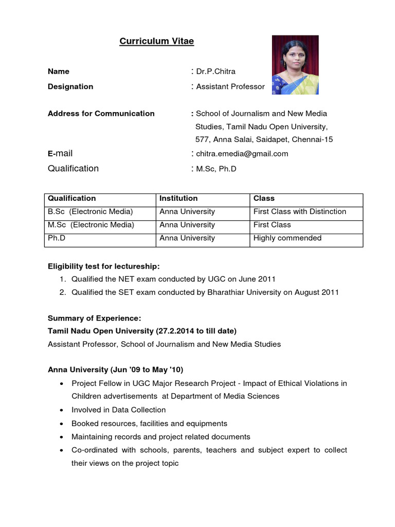 Chitra Full CV | PDF | Tamil Nadu | Social Networking Service