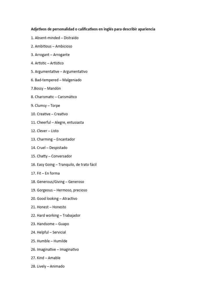 Adjetivos de Personalidad o Calificativos en Inglés para Describir ...