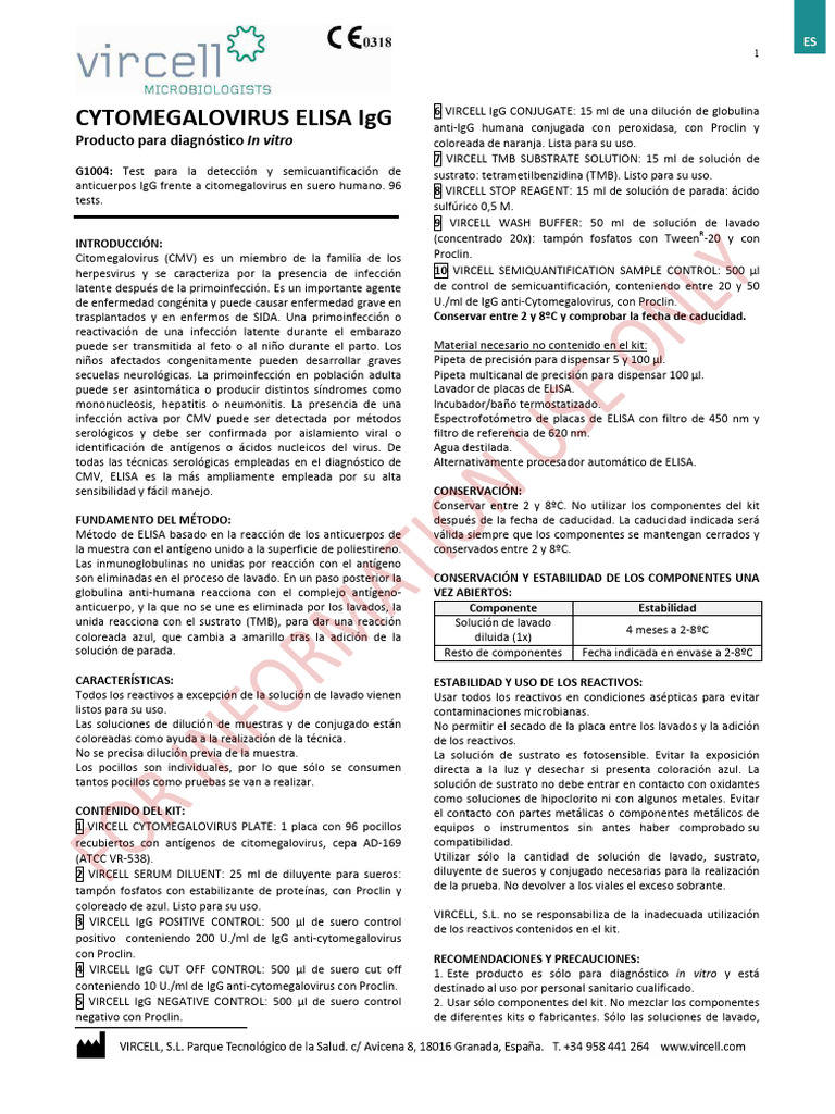 G1004 CYTOMEGALOVIRUS ELISA IgG ES 03 14 INSERTO | PDF | Elisa ...