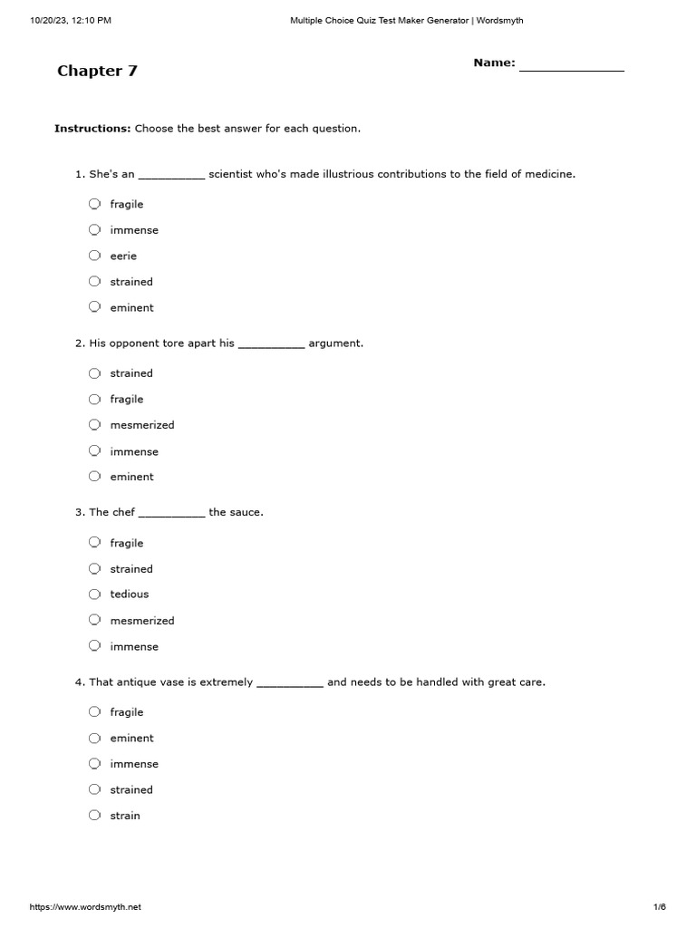 Chapter 7 Multiple Choice Quiz | PDF