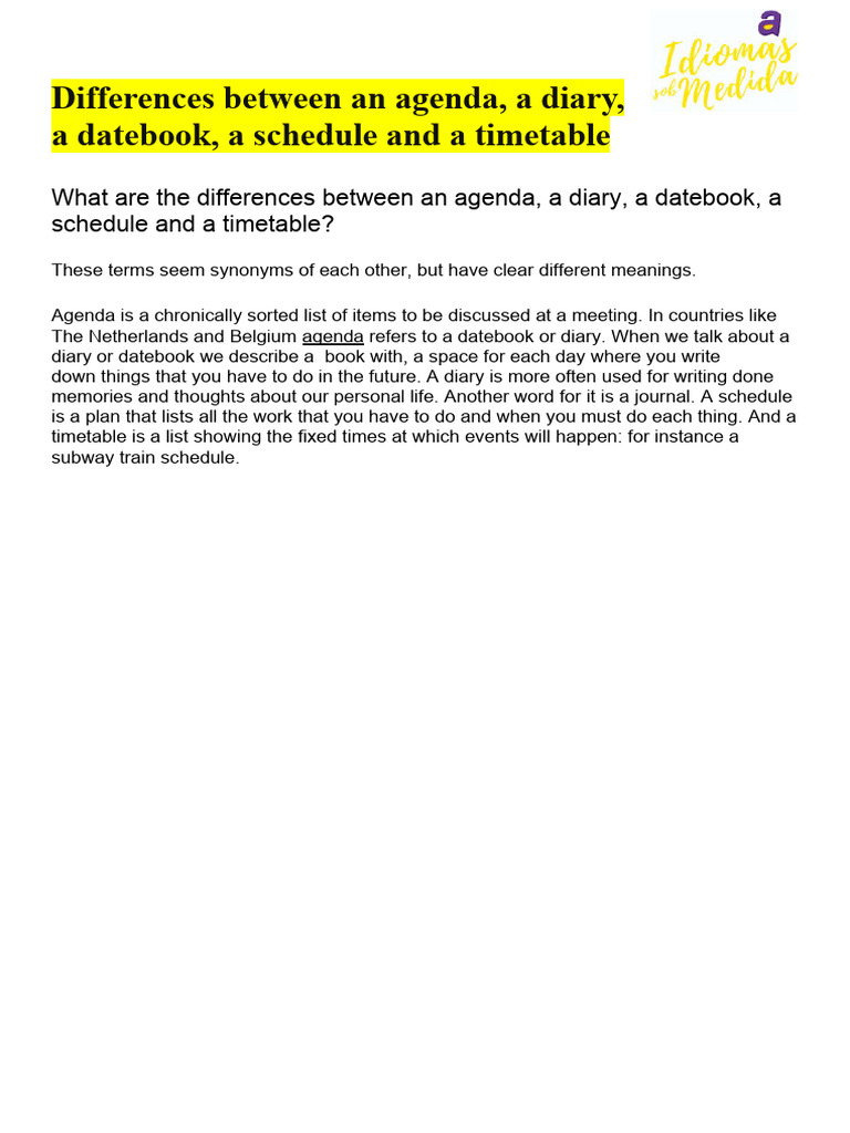 Differences Between An Agenda, A Diary, A Datebook, A Schedule and A ...